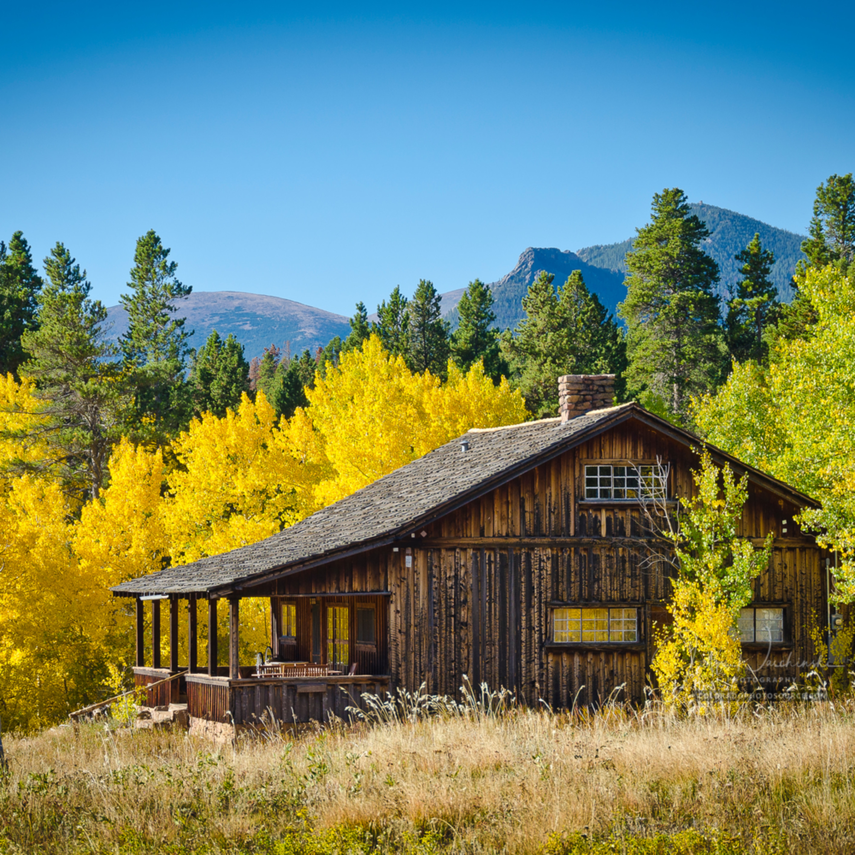 Fall Landscape Picture Weathered Ranch Home in Colorado