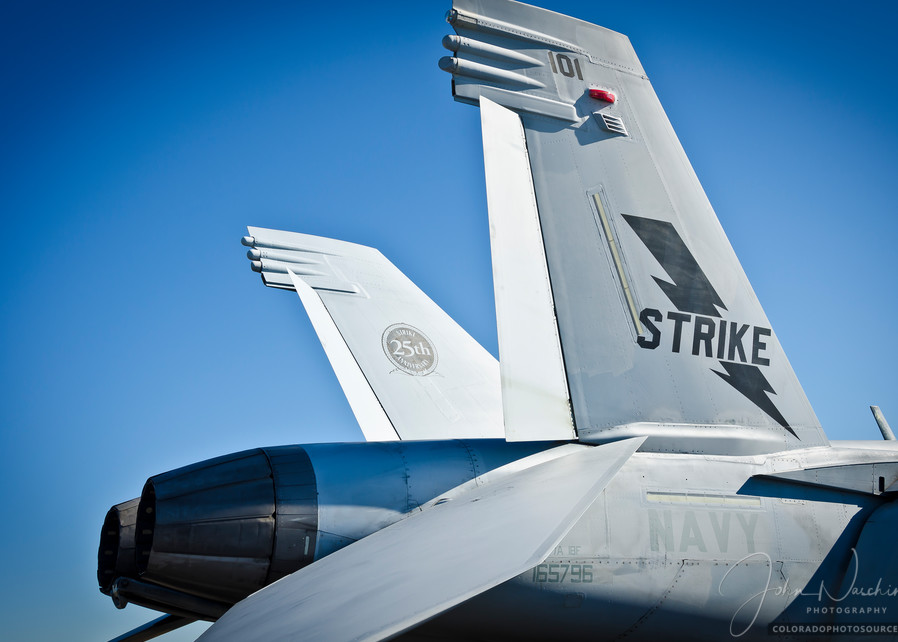 Side View Photograph of F-18 Hornet's Jet Engines and Tail