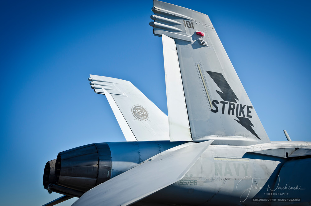 Side View Photograph of F-18 Hornet's Jet Engines and Tail