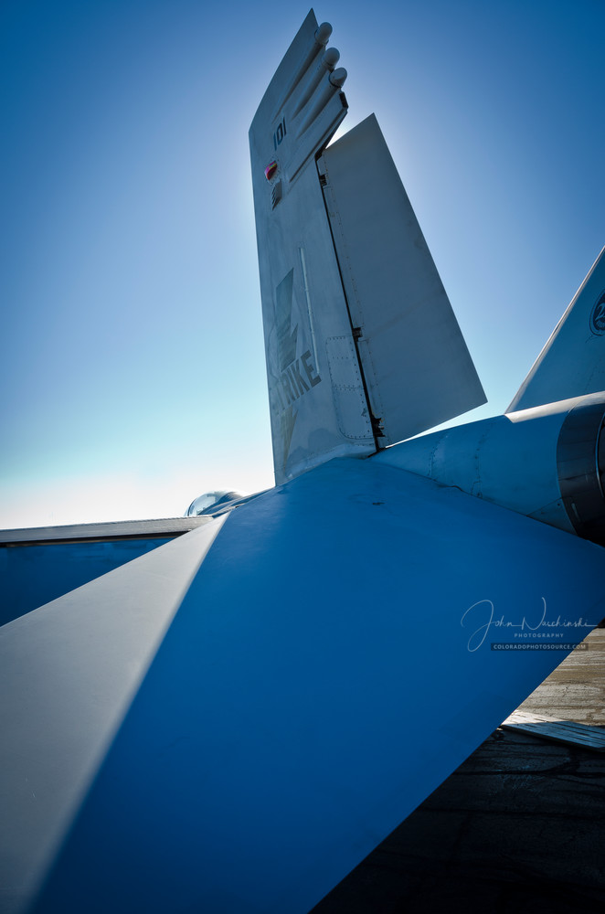 Photo of tail of McDonnell Douglas F-18 Hornet Combat Jet from Back