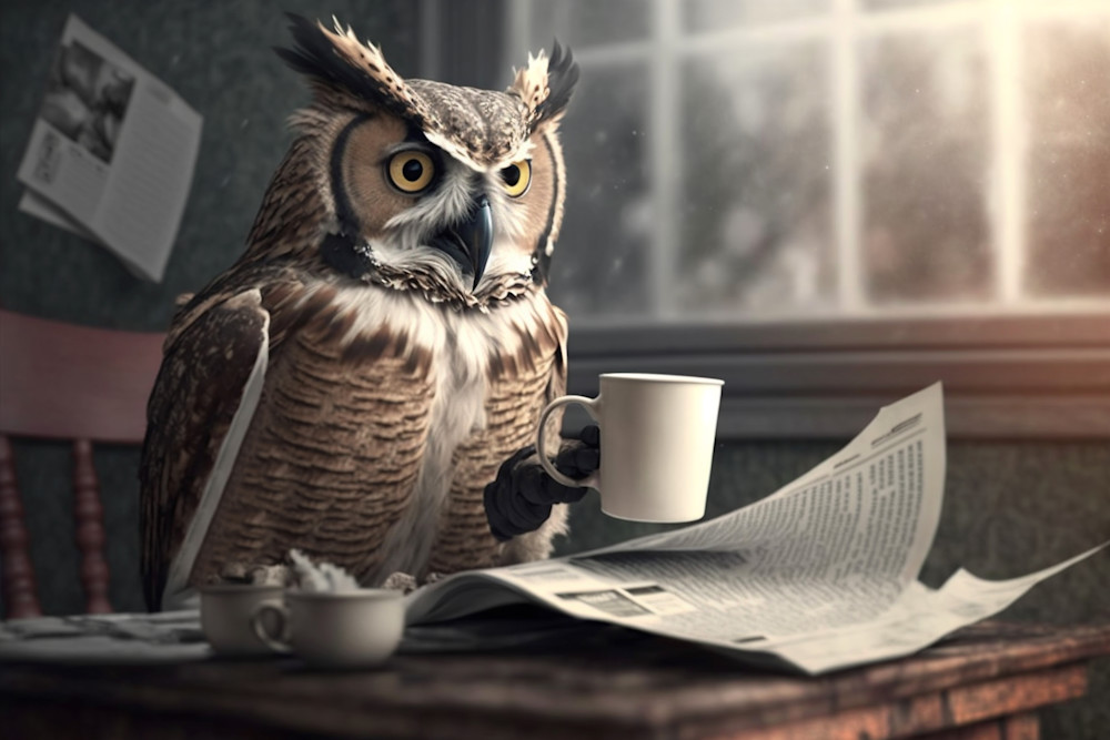 Owl Drinking Coffee 5 Art Color 1 Photo