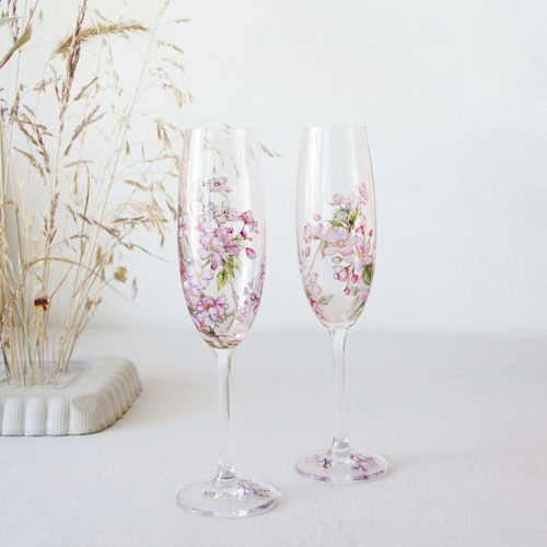 Clear Glass Hand Painted Champagne Flutes Wild Flowers CCYD Studio art and design